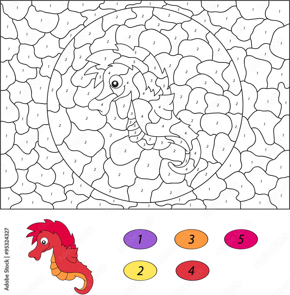 Color by number educational game for kids. Funny cartoon sea hor Stock ...