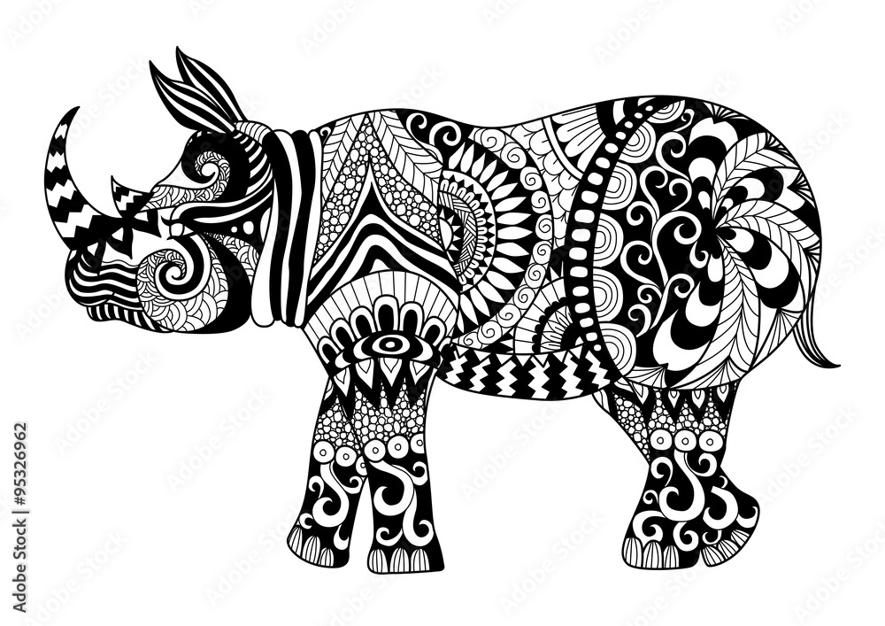 Drawing zentangle rhino for coloring page, shirt design effect, logo ...