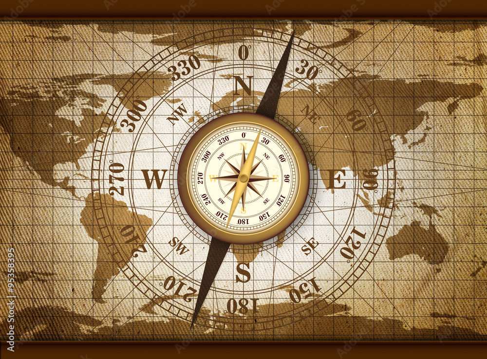 Vintage Travel Map and Compass with old fabric texture background ...