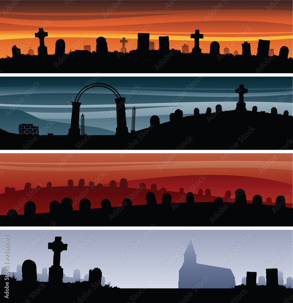 Four banner illustrations of dark and spooky graveyard silhouettes ...