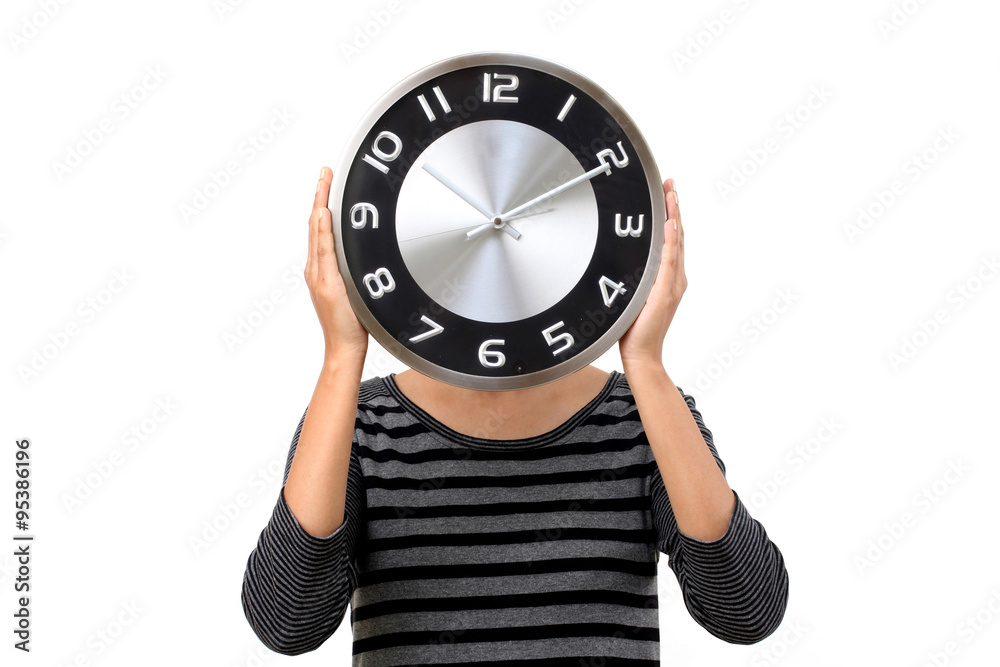 Young woman covered her face with clock against white Stock Photo ...