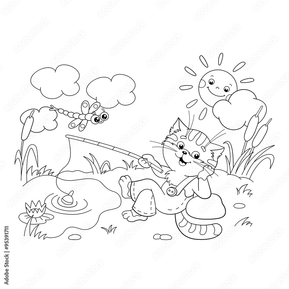 Coloring Page Outline Of a funny cat catching a fish Stock Vector ...