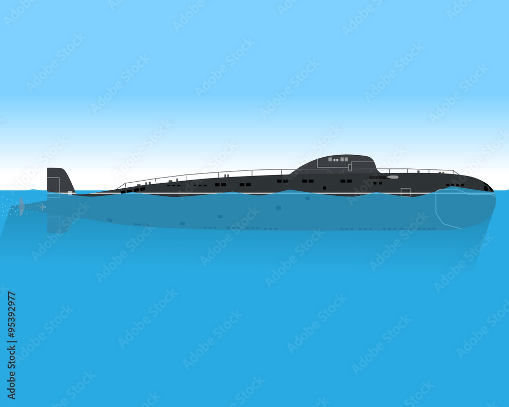 The modern submarine is floating in the sea on a combat mission. Vector ...
