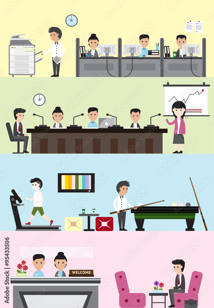Flat business company interior office employee working, meeting ...