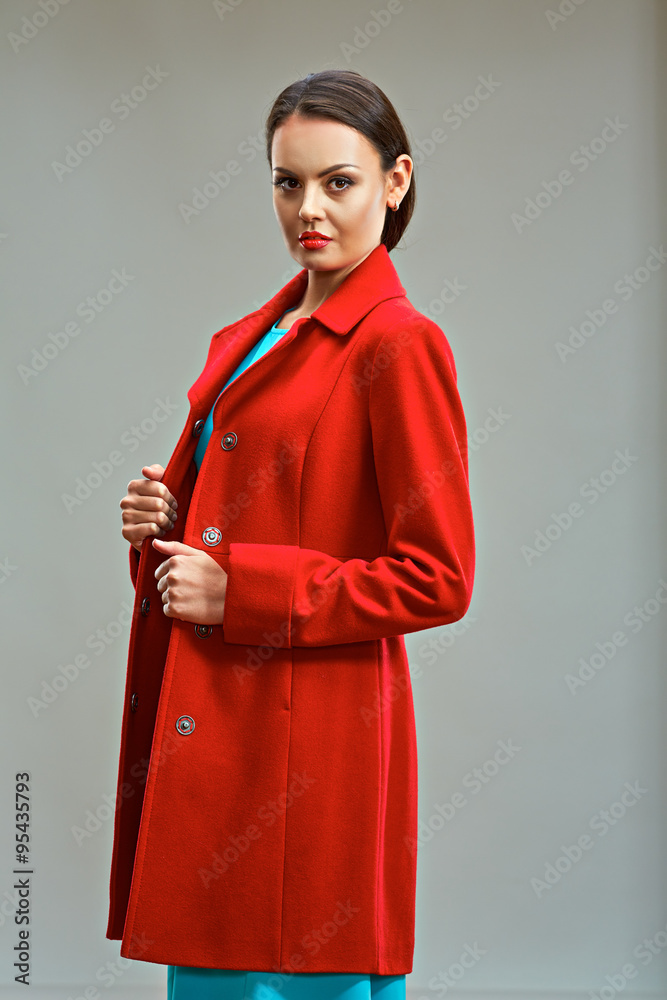 Catalog clothes style photo of fashion model dressed in red coa Stock ...