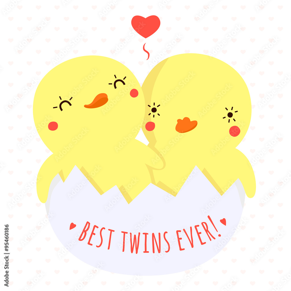 Cute twins baby ducks in egg vector card and background with heart ...