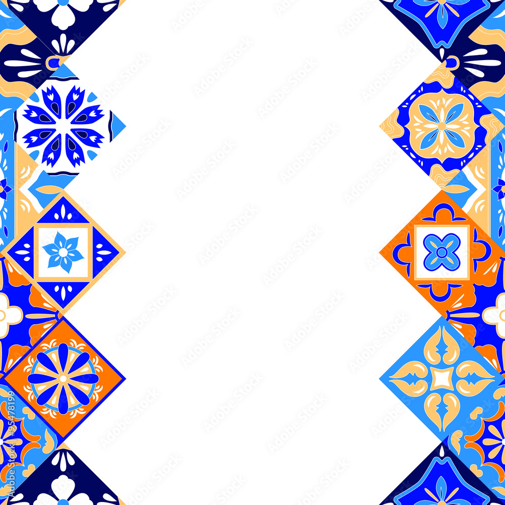 Mexican stylized talavera tiles seamless border in blue orange and ...