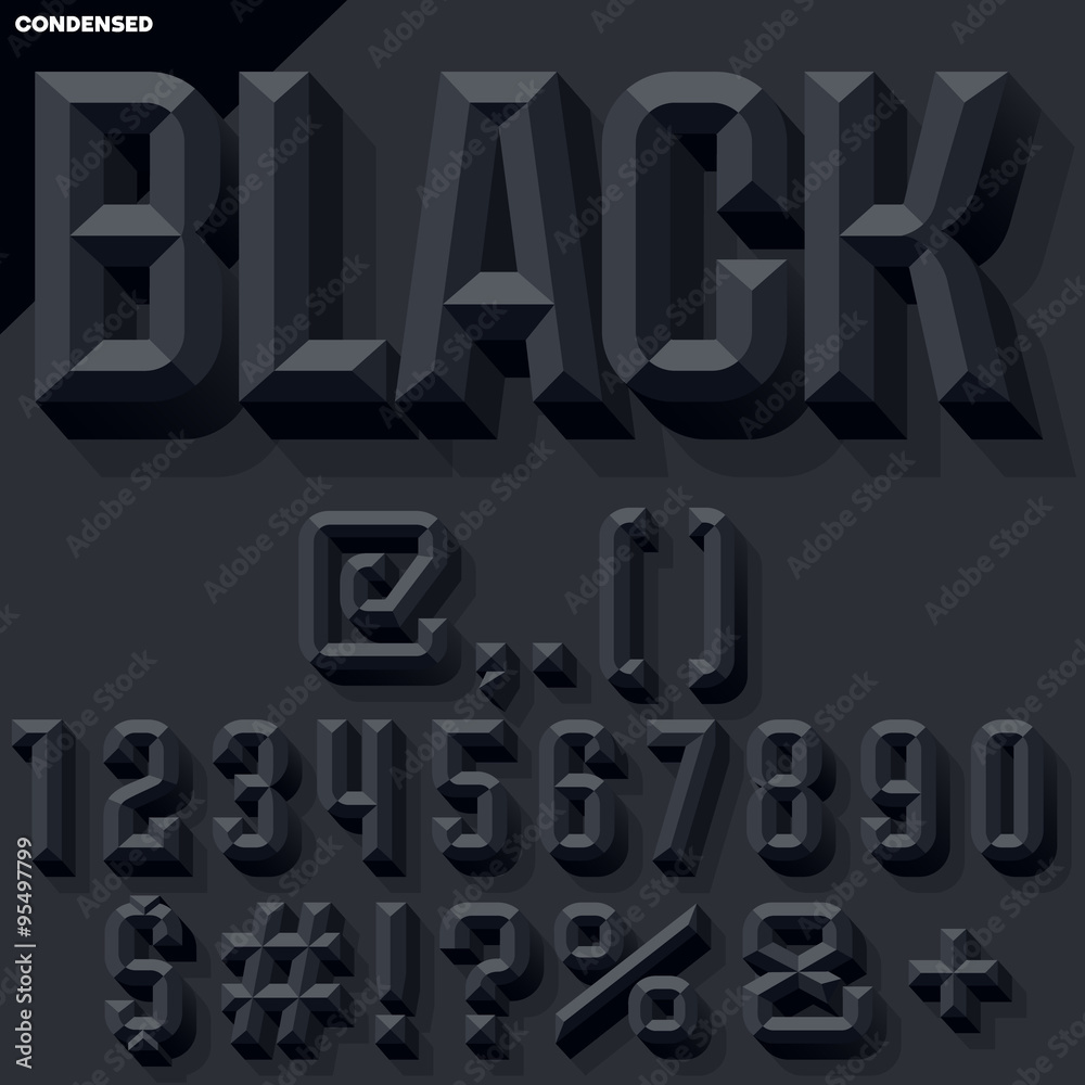 Vector 3D black set of condense beveled numbers and symbols with shadow ...