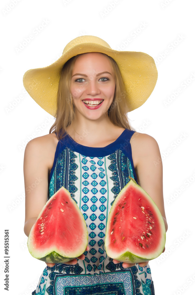 Woman with watermelon isolated on white Stock Photo | Adobe Stock