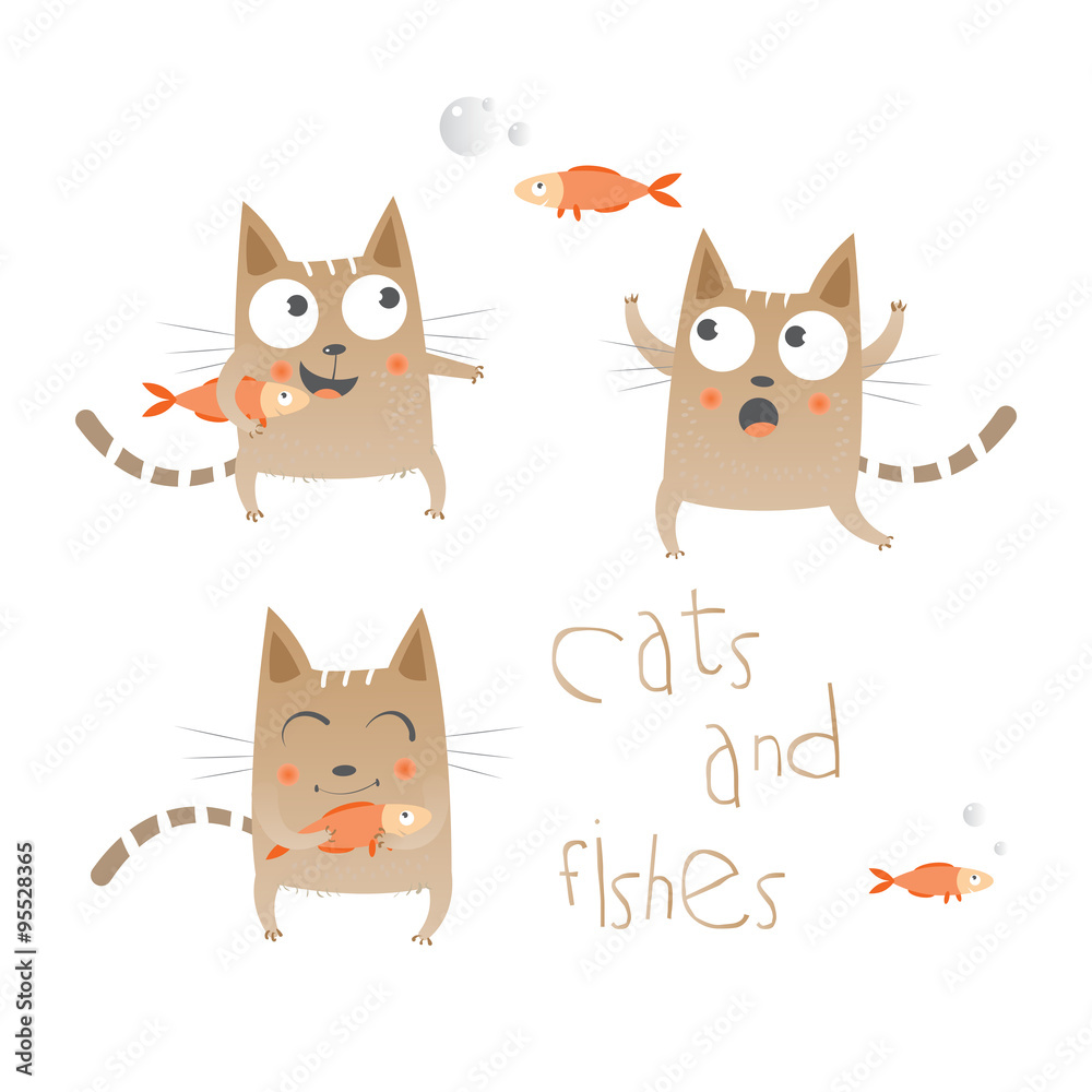 Cartoon cats and fishes set. Vector image. Stock Vector | Adobe Stock