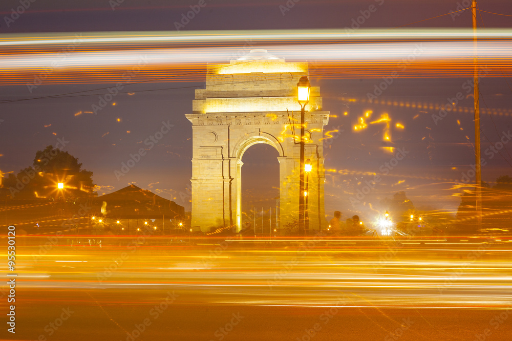 India Gate at night and traffic Stock Photo | Adobe Stock