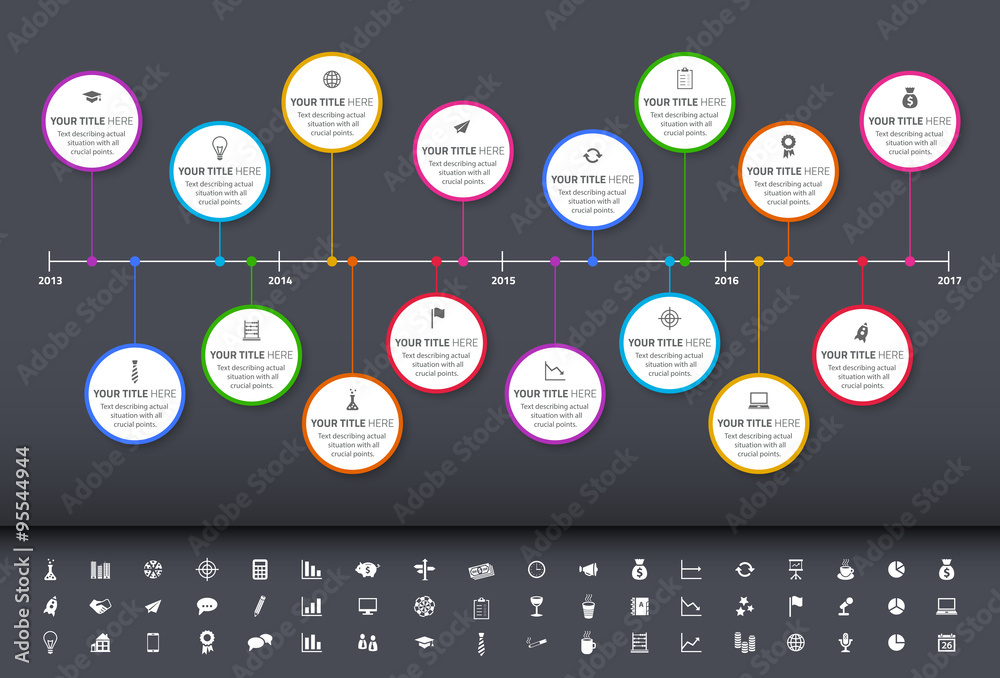 Modern rainbow timeline with circle milestones and set of icons Stock ...