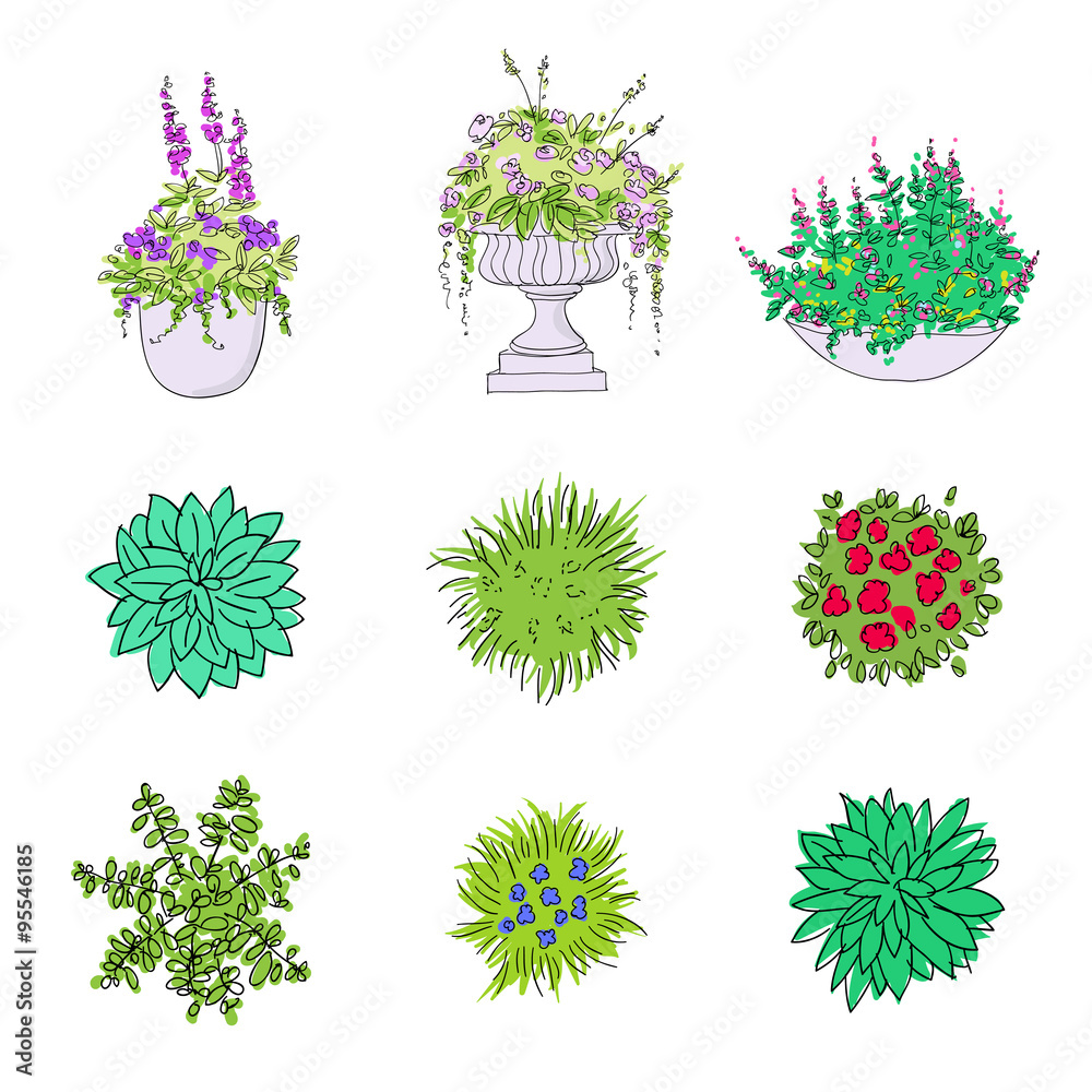 Set of hand drawn landscape design elements, garden flowers in vases ...