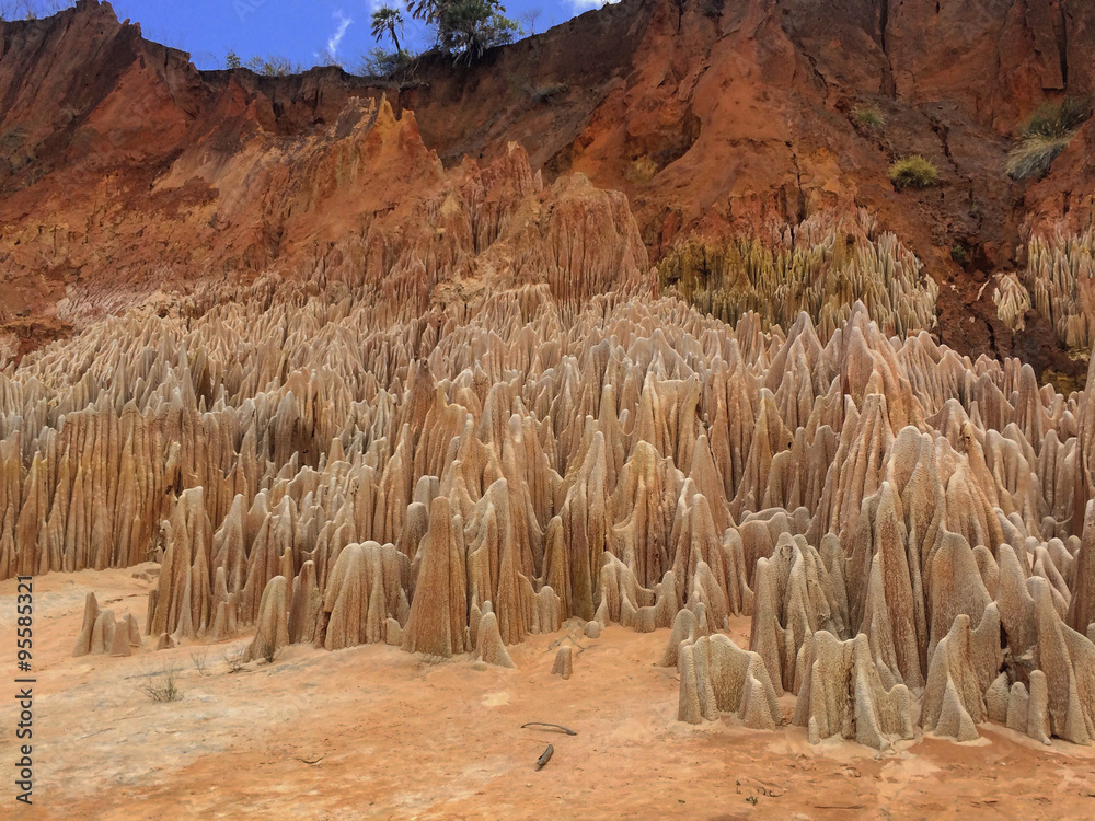 Red rock formations on a sharp tsingys Madagascar landscape Stock Photo ...
