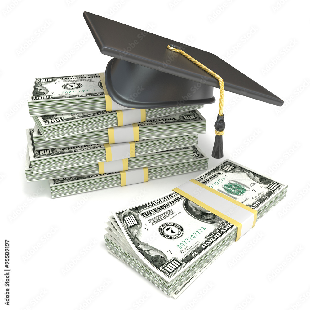 Education concept. Graduation cap on stack of dollar bills. 3D ...