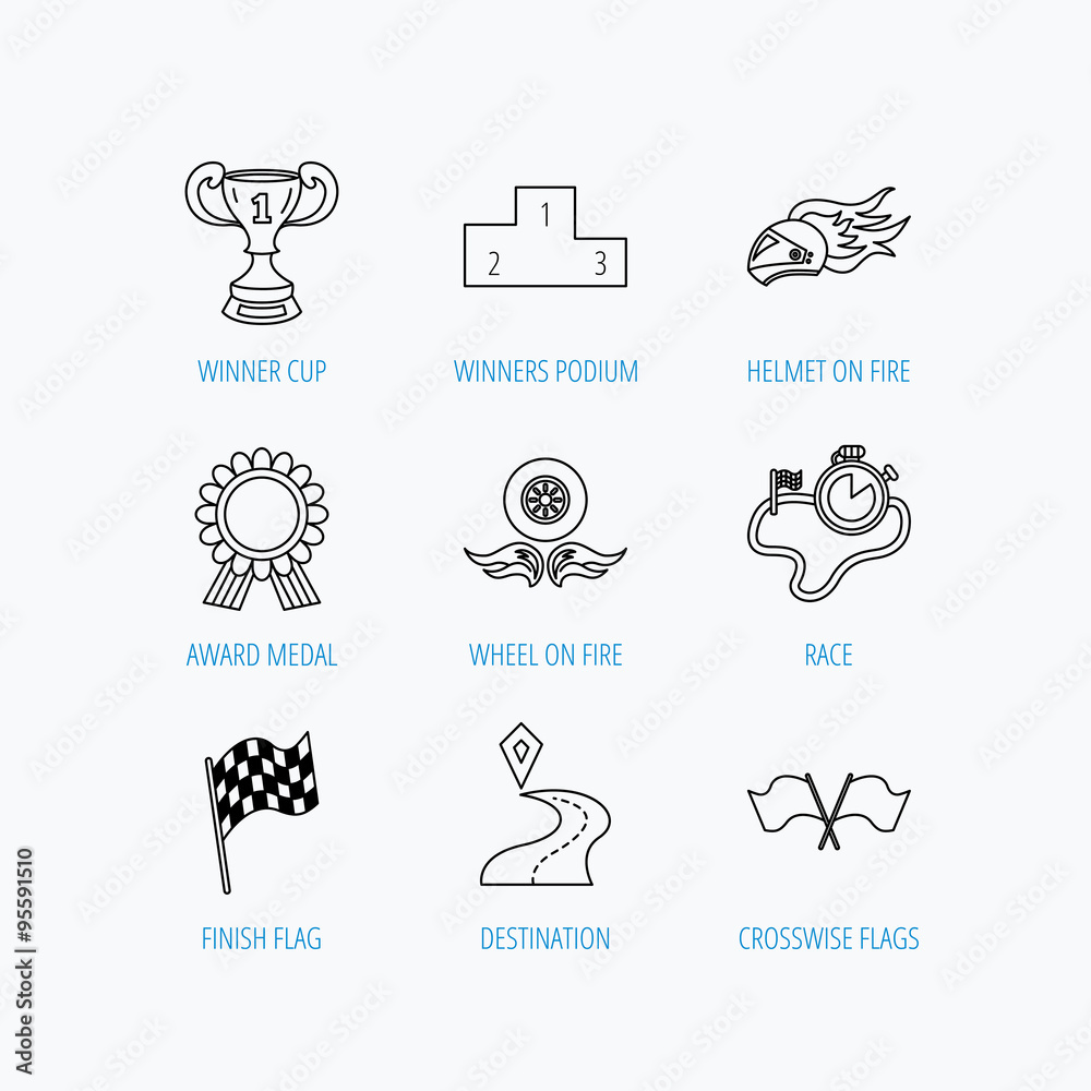 Winner cup and award icons. Race flag signs. Stock Vector | Adobe Stock