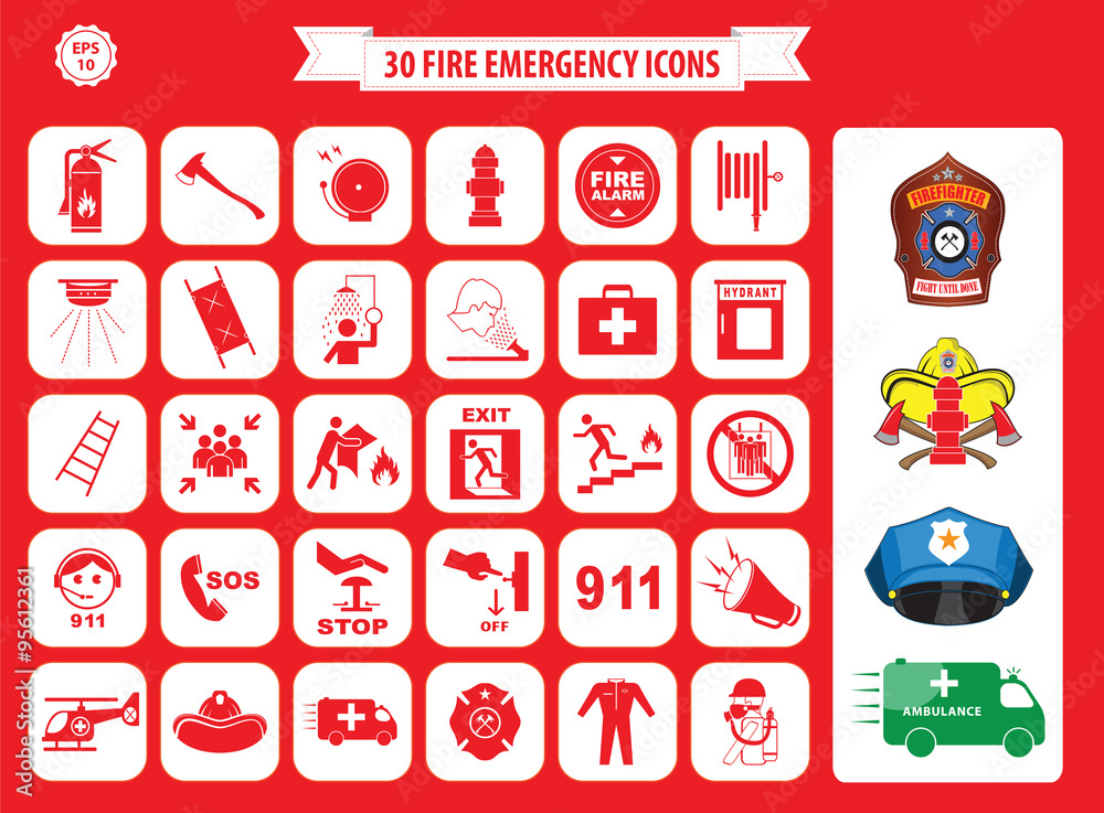 Set of fire emergency icons (fire exit, emergency exit, fire assembly ...
