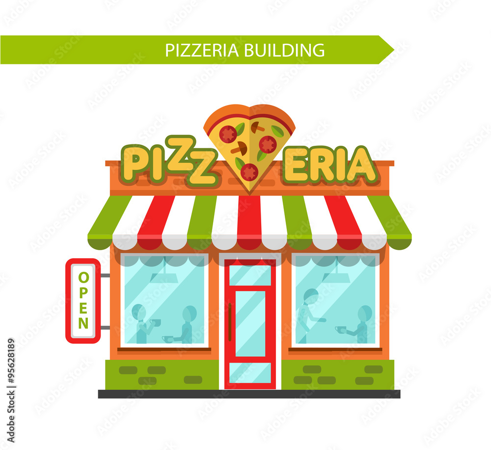 Vector flat style illustration of pizzeria shop building. Signboard ...
