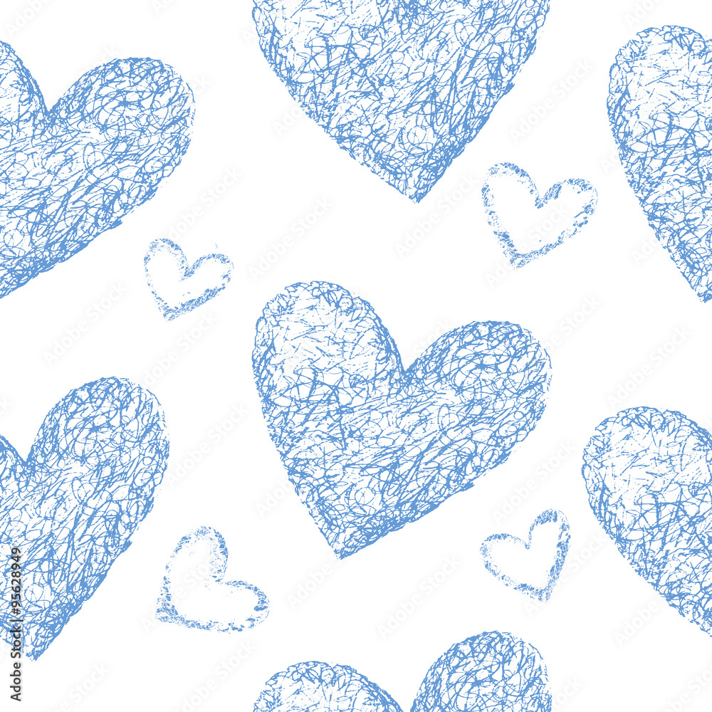 Blue hearts seamless pattern. Hand drawn illustration. Vintage ...