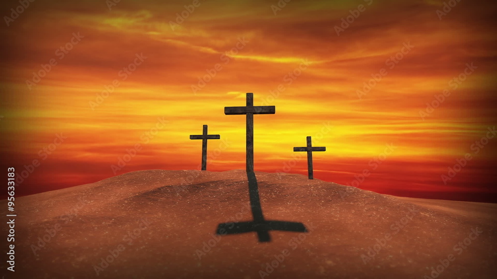 Three Crosses on a Hill. 3 clips.a sunset or sunrise scene. camera ...
