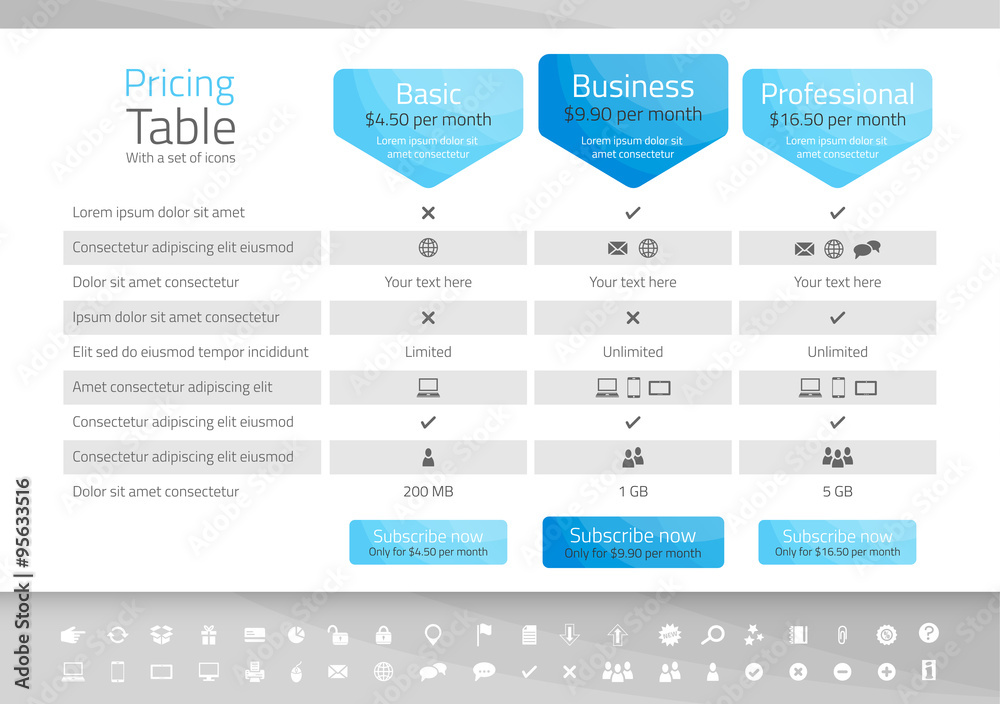 Light pricing table with 3 options. Icon set included Stock Vector ...