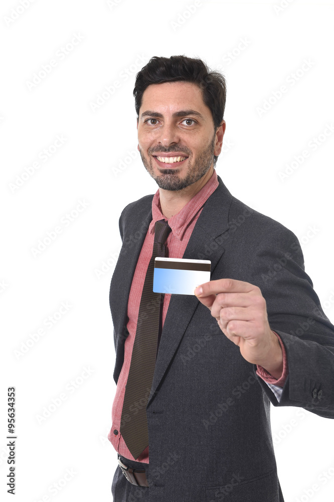 happy attractive businessman holding credit card in commerce and ...