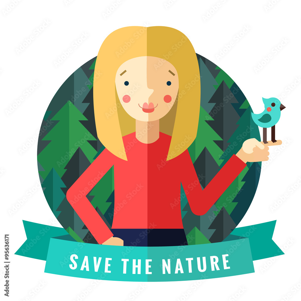 Save the nature vector card and background with blonde girl, bird, blue ...
