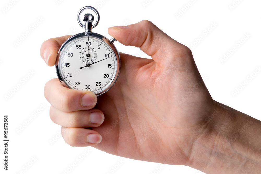 timer hold in hand, button pressed Stock-Foto | Adobe Stock