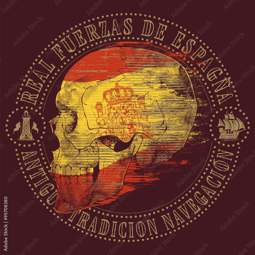 Illustration of a pirate skull with a spanish flag on a dark background ...