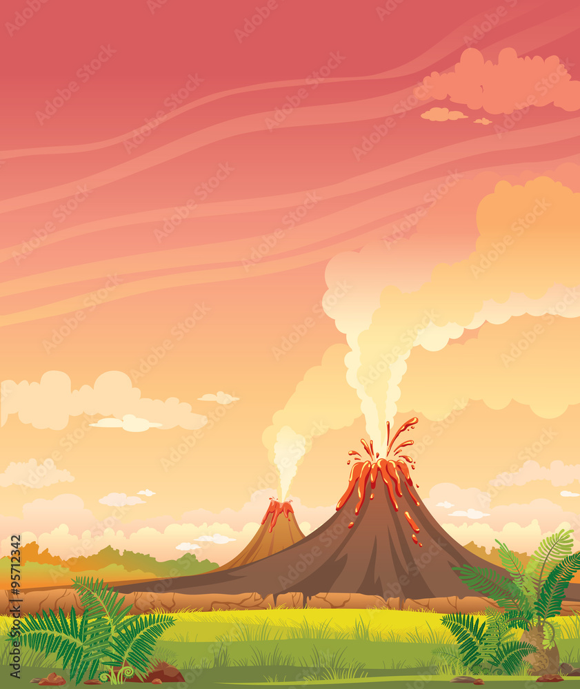 Prehistoric landscape - smoky volcanoes. Stock Vector | Adobe Stock