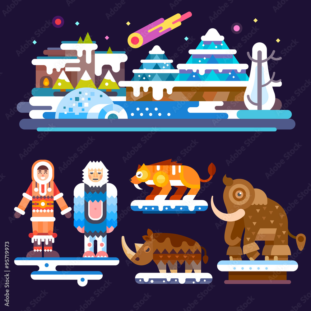 Prehistoric set. Ice Age: Yeti, Happy woman, saber-toothed tiger ...