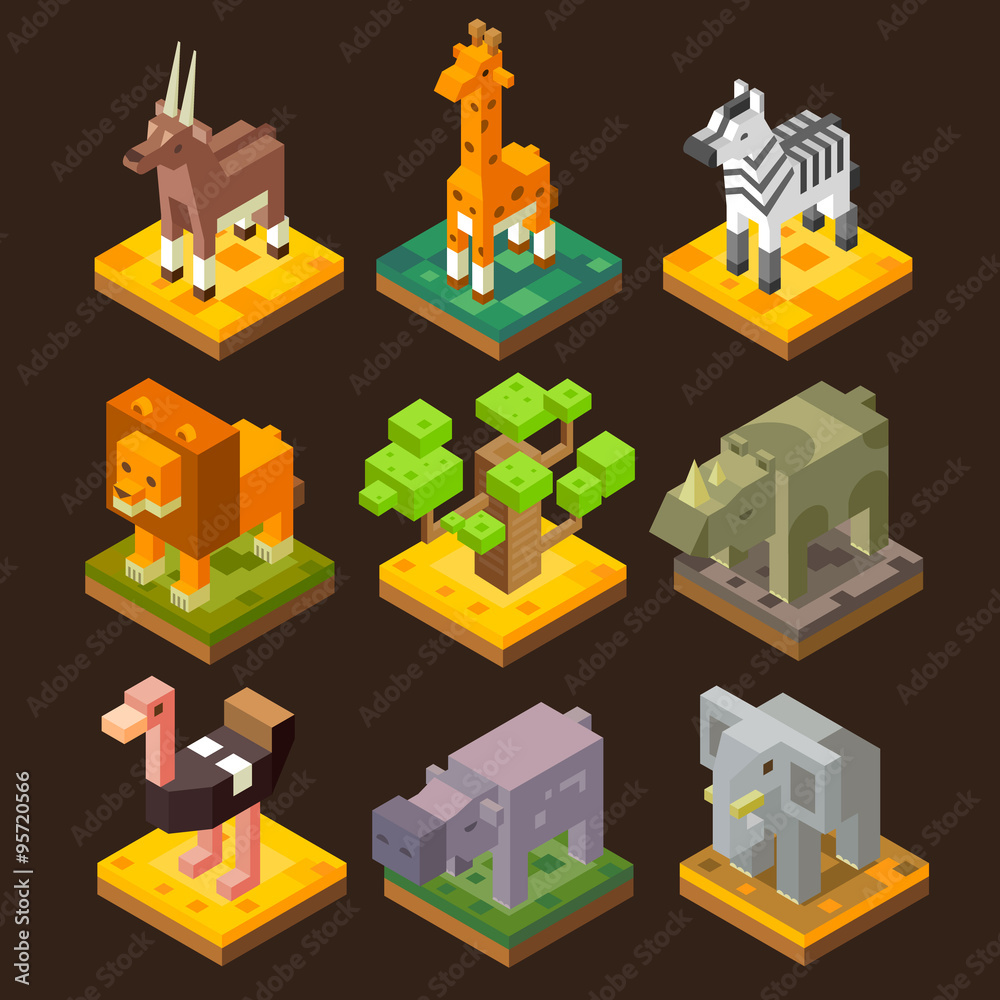 Isometric 3d african animal set: antelope, giraffe, zebra, lion, baobab ...