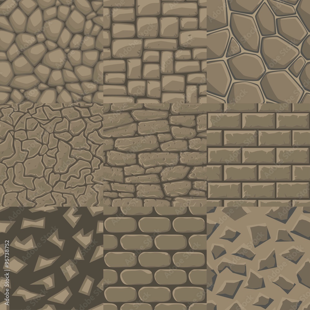 Vector cartoon stone wall seamless texture collection of 9 patterns ...