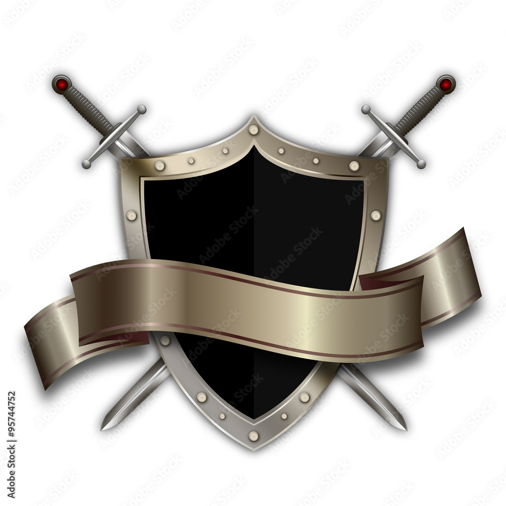 Heraldic shield with ribbon and swords. Stock Illustration | Adobe Stock