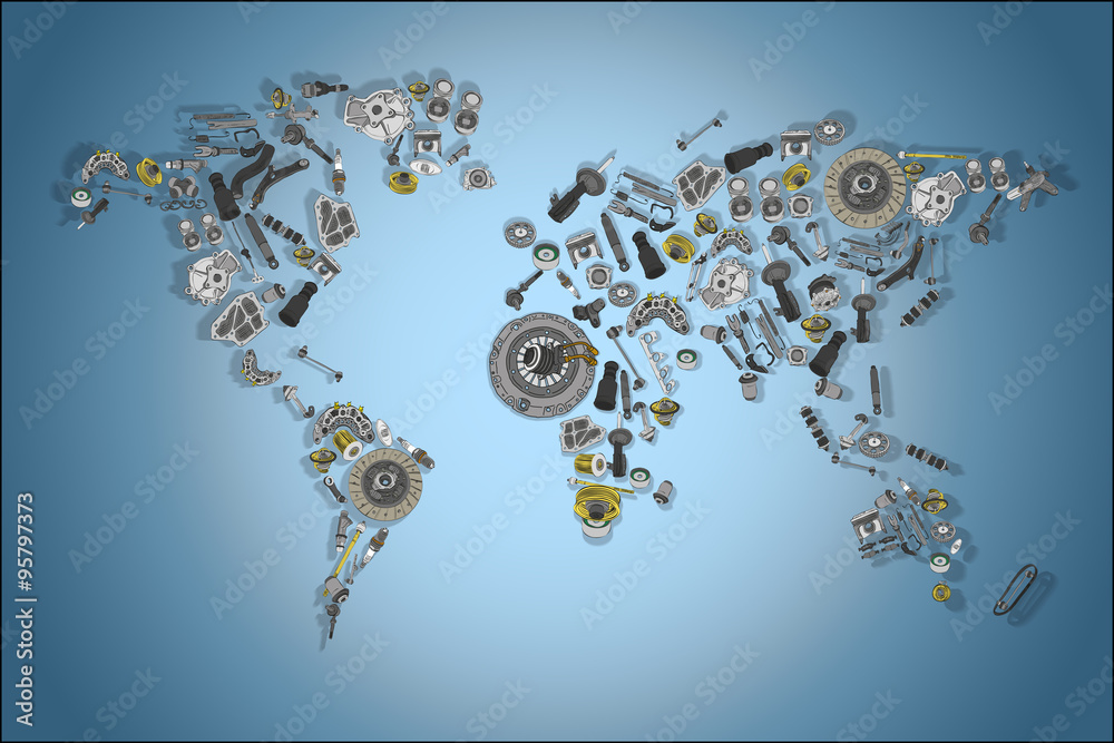 Draw a map of the world made up of spare parts Stock Vector | Adobe Stock