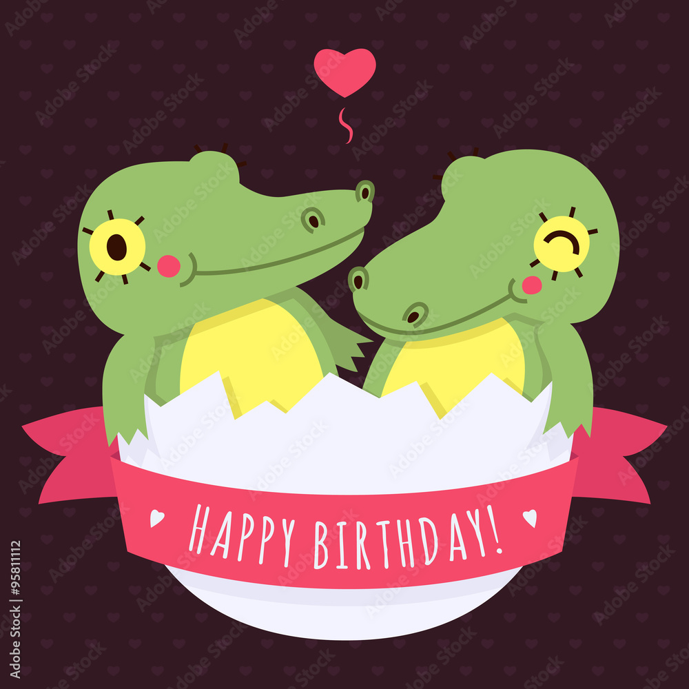 Cute twins baby crocodiles in egg vector happy birthday card and ...