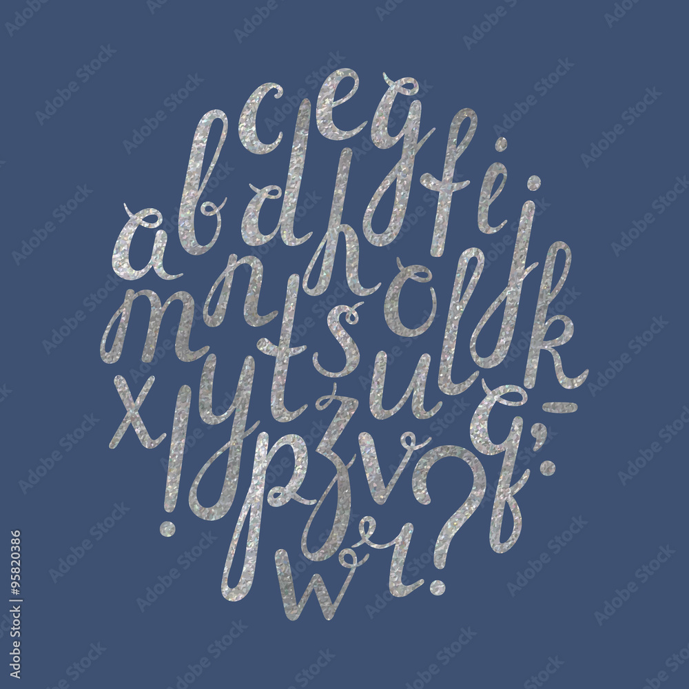 Artistic handdrawn silver font with punctuation marks. All the letters ...