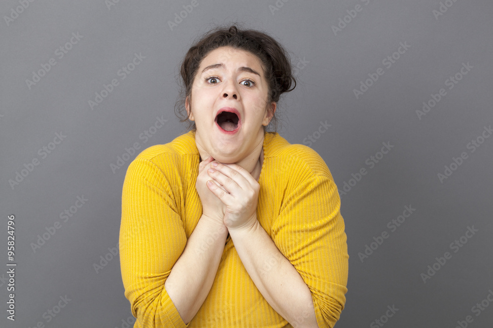 praying concept - excited big 20s woman suffocating,begging with both ...