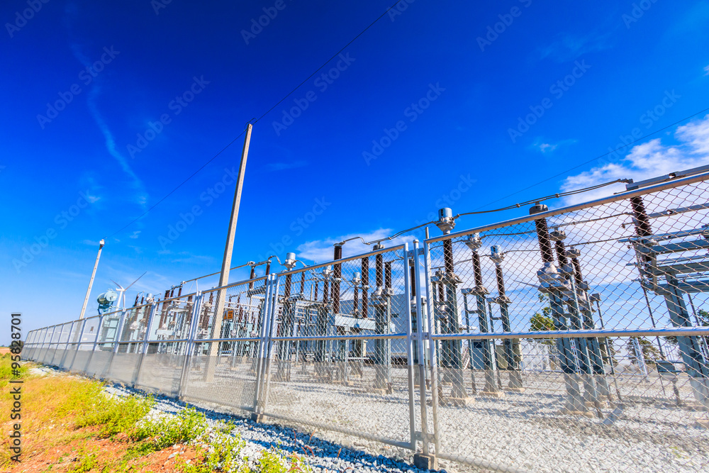 Electrical substation or Grid substation and wind turbine Stock Photo ...