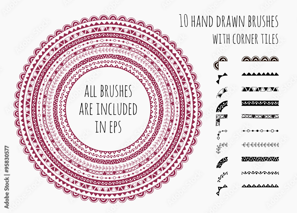 Vector set of ten hand drawn brushes with corner tiles. Seamless ...