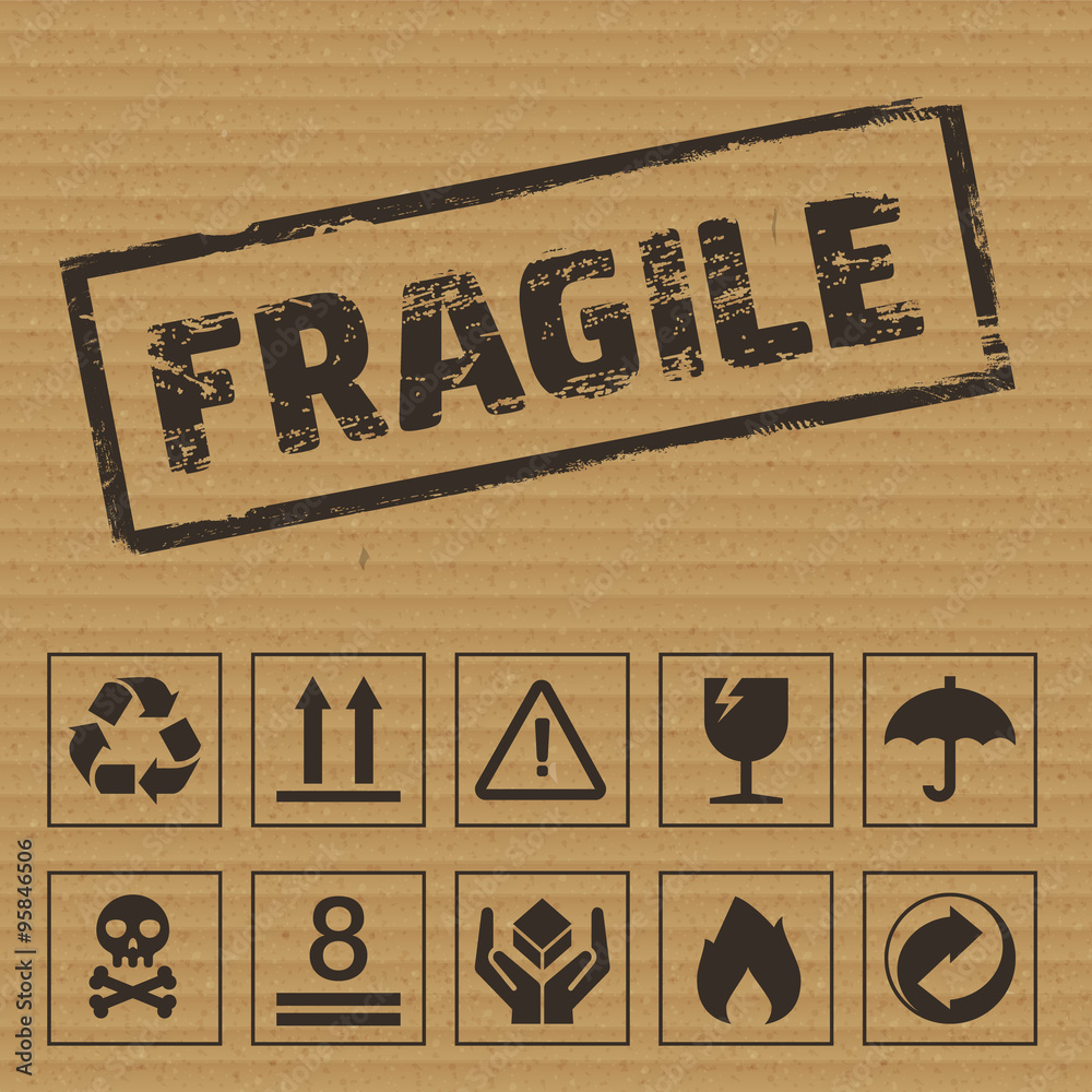 Packaging Symbols on Cardboard. Vector icons like: fragile, this side ...