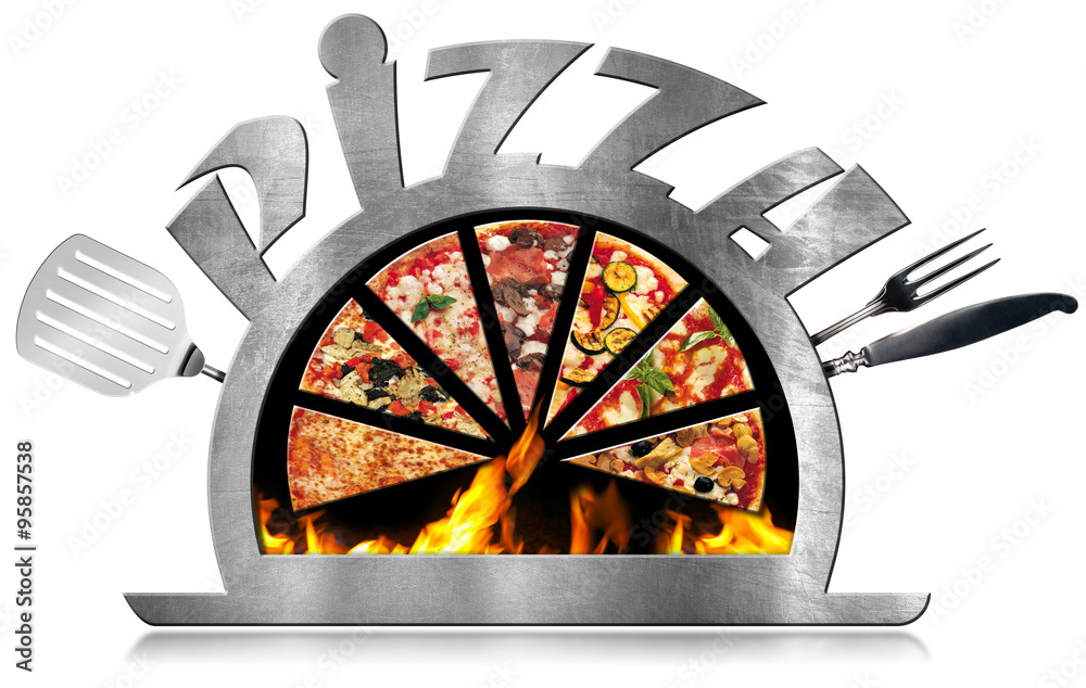 Metal Symbol of Pizza with Flames / Metallic symbol with pizza slices ...