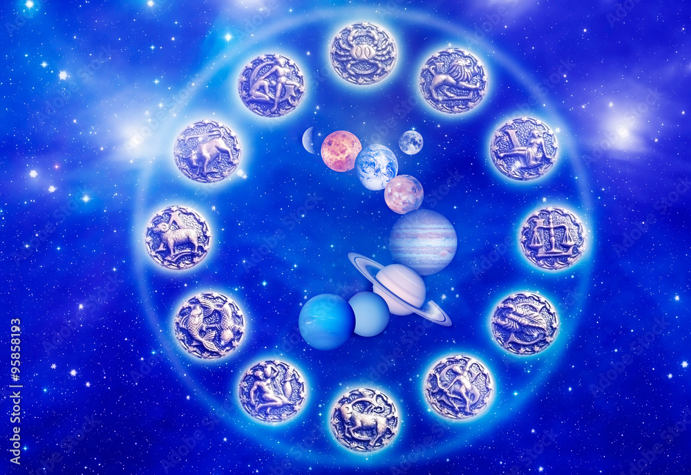 zodiac signs with planets over starry background Stock Illustration ...