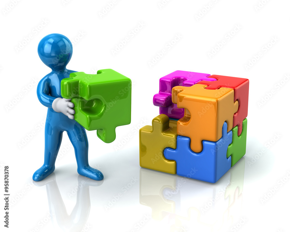 Blue man and colorful 3d puzzle cube with a missing piece Stock ...