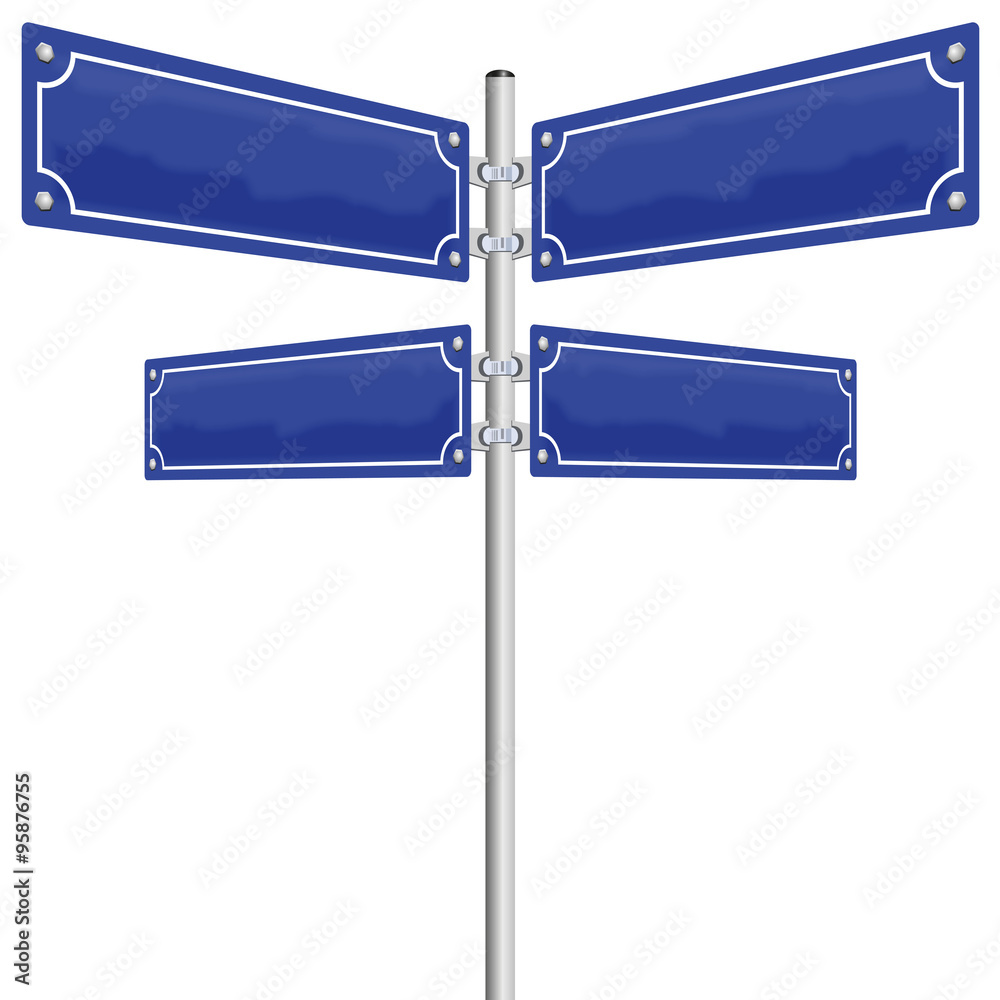 Street signs - four blank, glossy blue metal panels showing in four ...