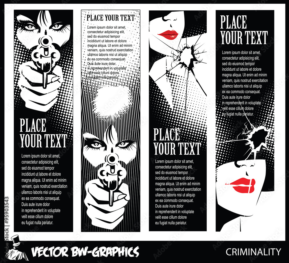 Black and white Vector banner. Girl with a gun. In the eyes of t Stock ...