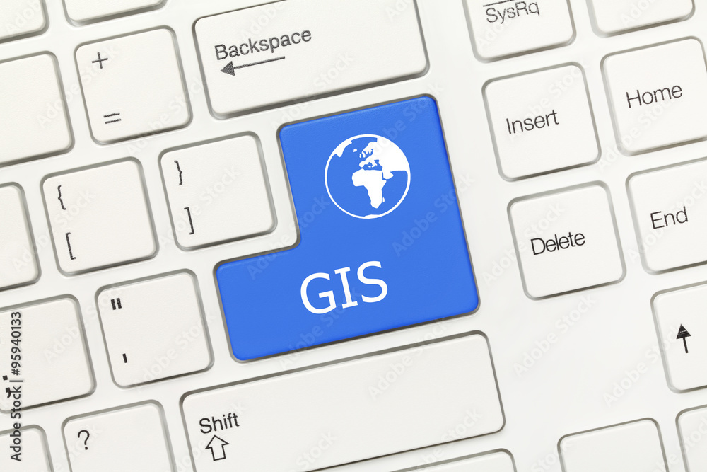 White conceptual keyboard - GIS (blue key) Stock Photo | Adobe Stock