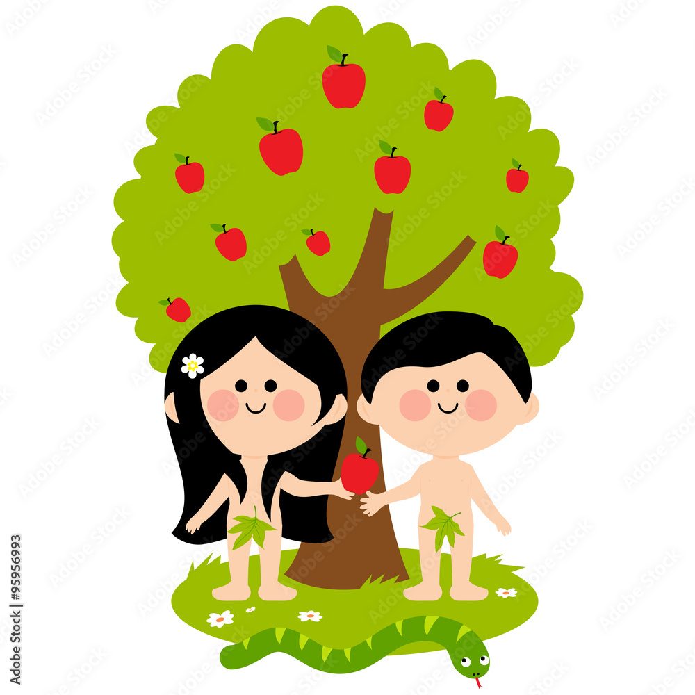 Adam and Eve characters under an apple tree. Vector illustration Stock ...
