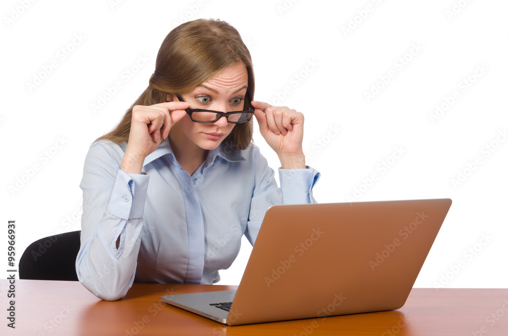 Office employee at work table with laptop isolated on white Stock Photo ...