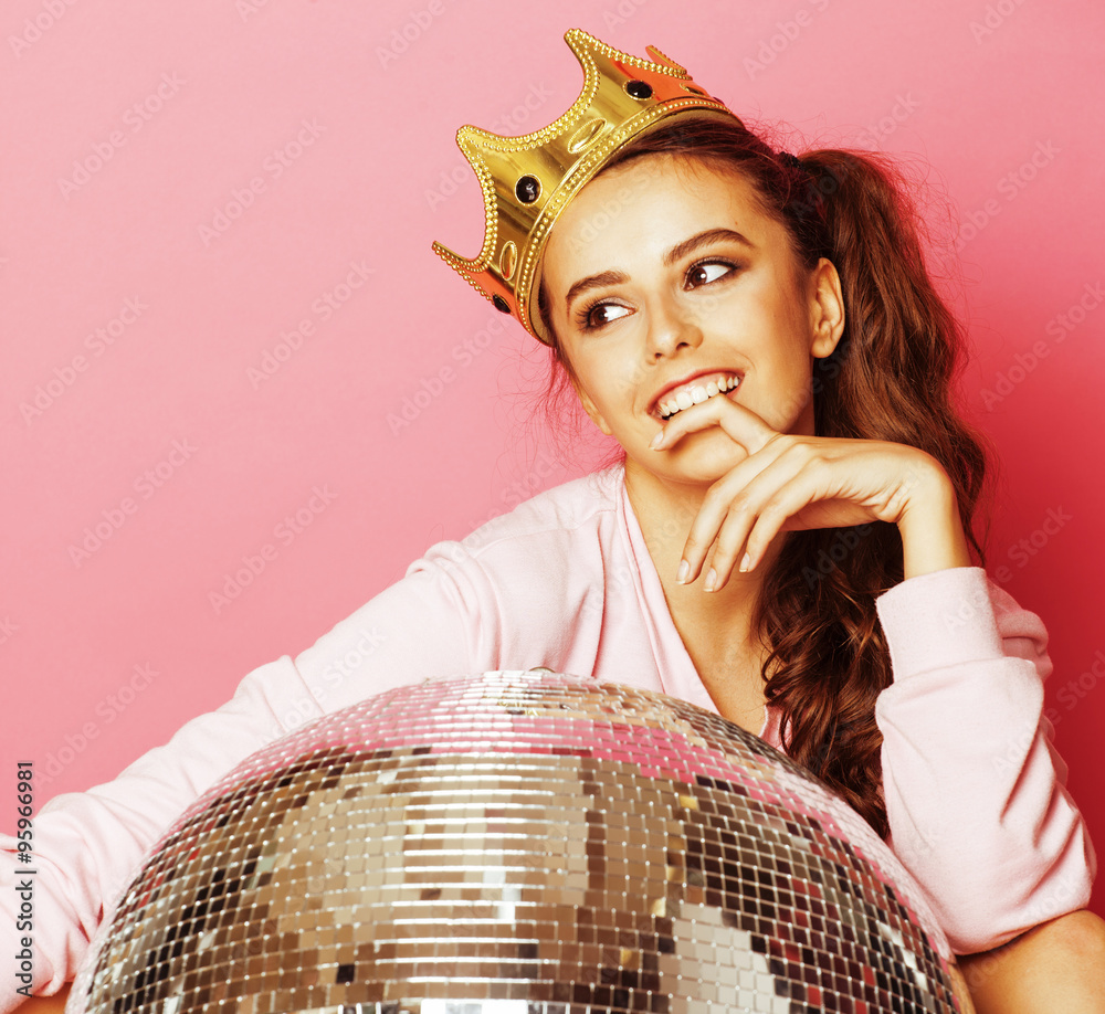 young cute disco girl on pink background with ball and crown Stock ...